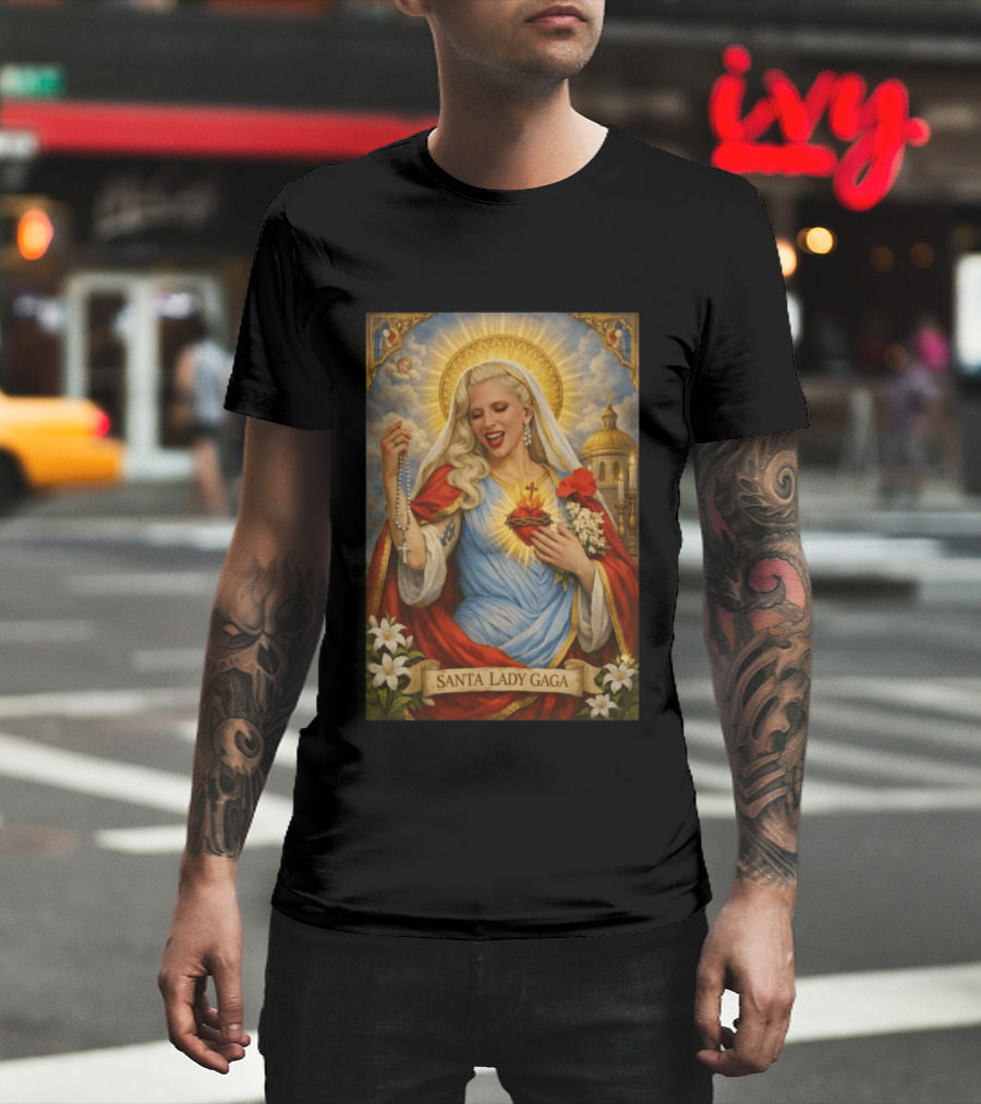 Santa Lady Gaga Sacred Heart Imagery With Rosary And Golden Halo T-Shirt