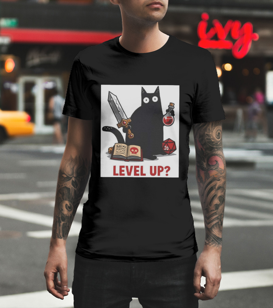 Black Cat Level Up Sword Potion D20 Dice Book Dungeons And Dragons T-Shirt