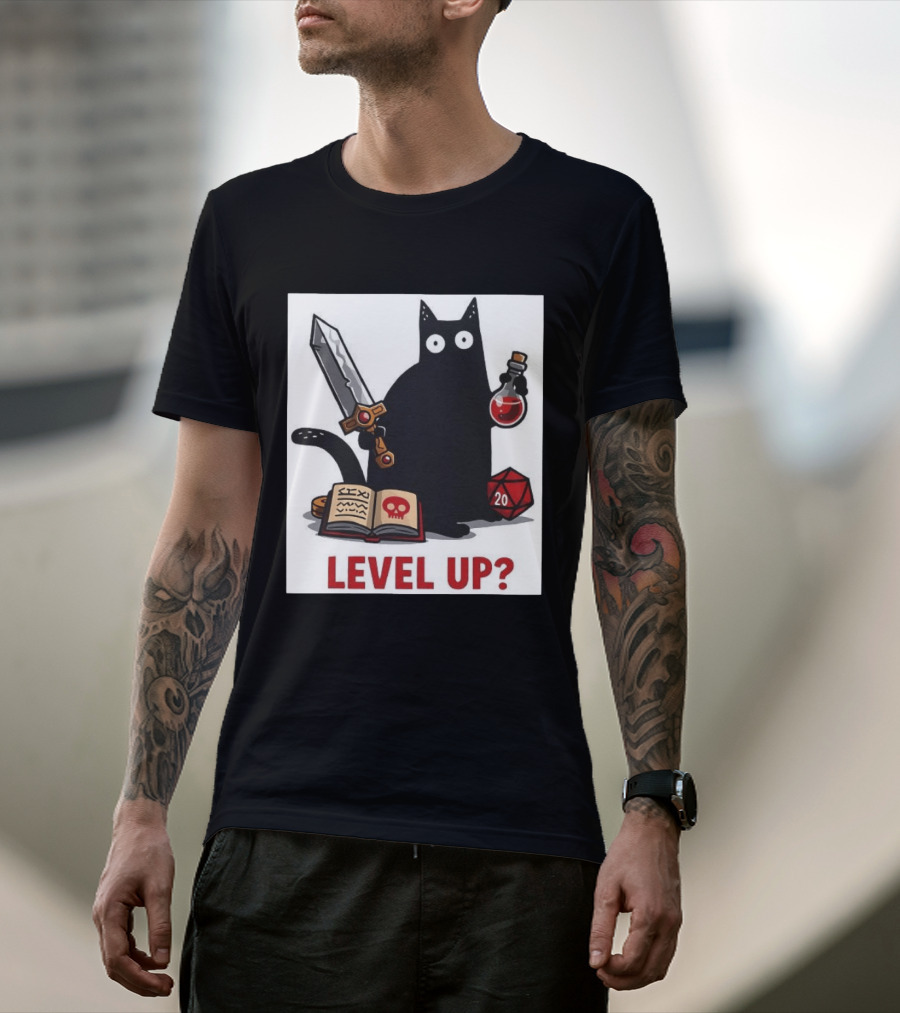 Black Cat Level Up Sword Potion D20 Dice Book Dungeons And Dragons T-Shirt