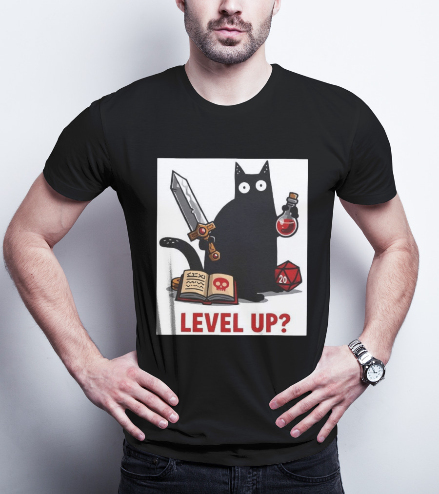 Black Cat Level Up Sword Potion D20 Dice Book Dungeons And Dragons T-Shirt