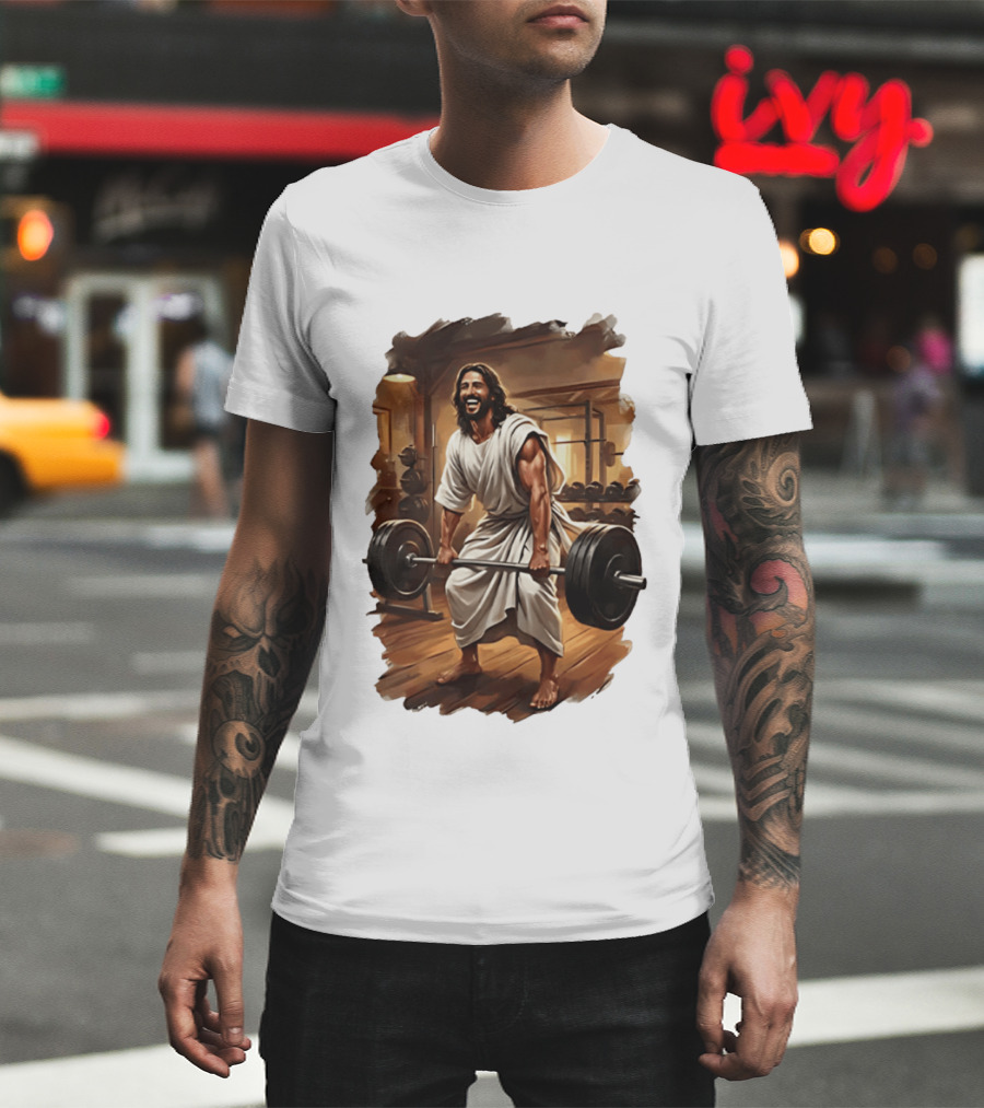 Jesus Lifting Weights In Gym Spiritual Fitness Motivation T-Shirt