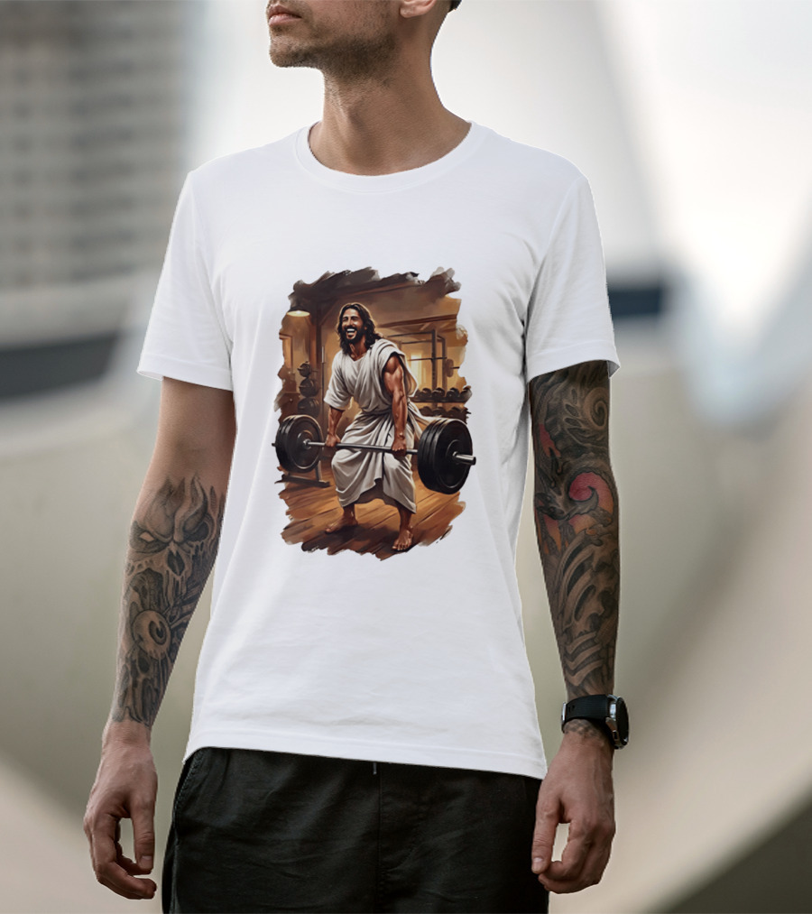 Jesus Lifting Weights In Gym Spiritual Fitness Motivation T-Shirt