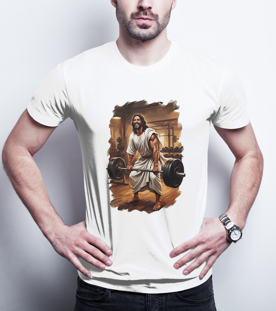 Jesus Lifting Weights In Gym Spiritual Fitness Motivation T-Shirt