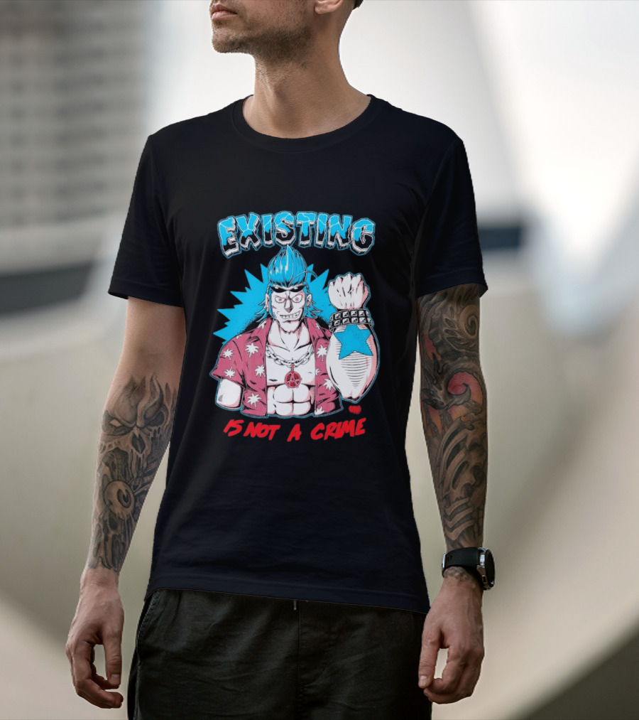 EXISTING IS NOT A CRIME Anime Punk Character Blue Hair Star Tattoo T-Shirt