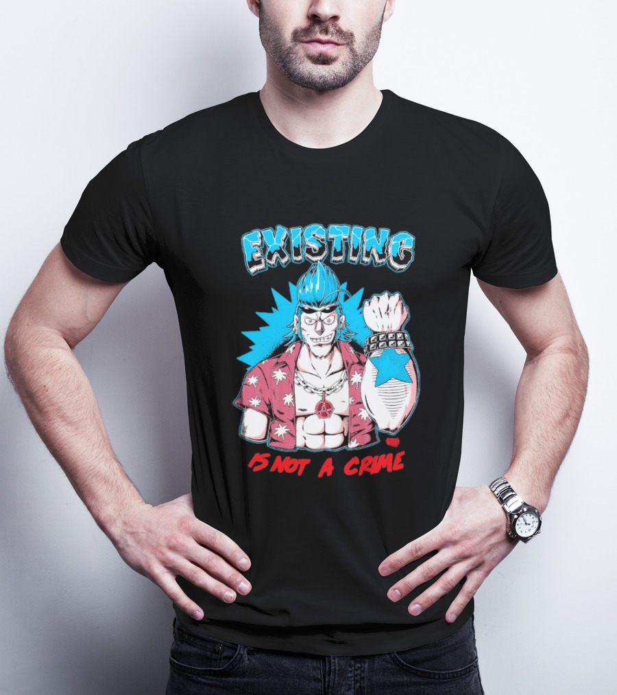 EXISTING IS NOT A CRIME Anime Punk Character Blue Hair Star Tattoo T-Shirt