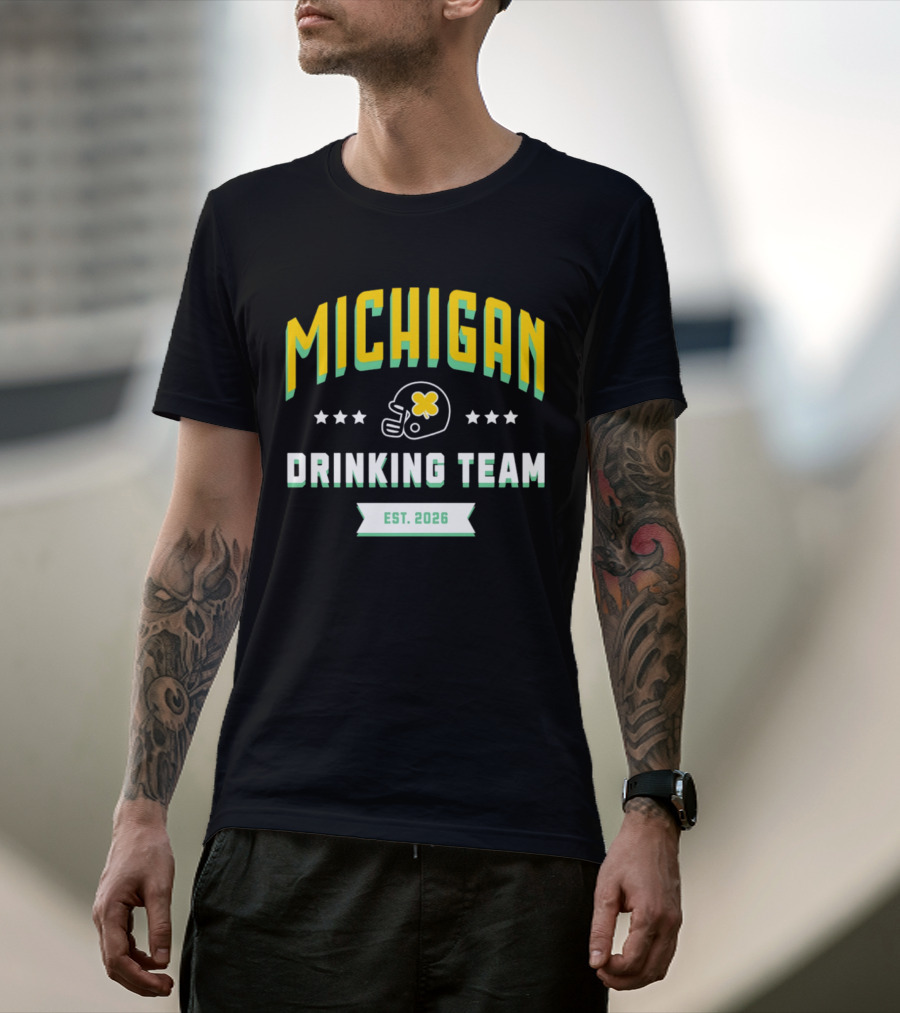 Michigan Wolverines Drinking Team St Patrick's Day Est 2026 Football Helmet Four Leaf Clover T-Shirt