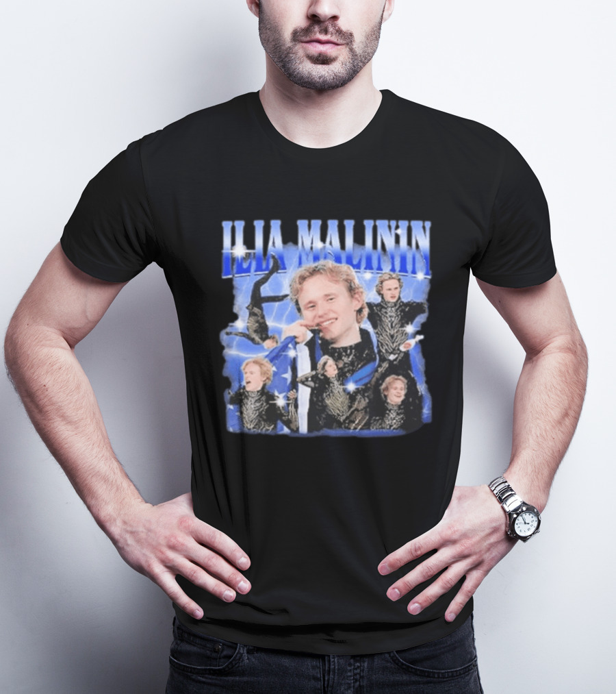 Ilia Malinin Figure Skating Star Blue Sparkle Montage T-Shirt