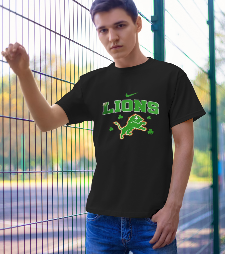 Detroit Lions Irish Theme With Green Shamrocks And Nike T-Shirt