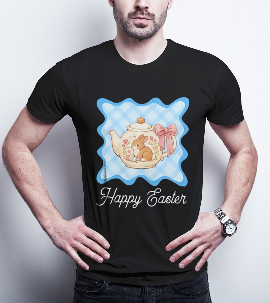 Happy Easter Bunny Teapot With Floral Blue Gingham And Pink Bow T-Shirt