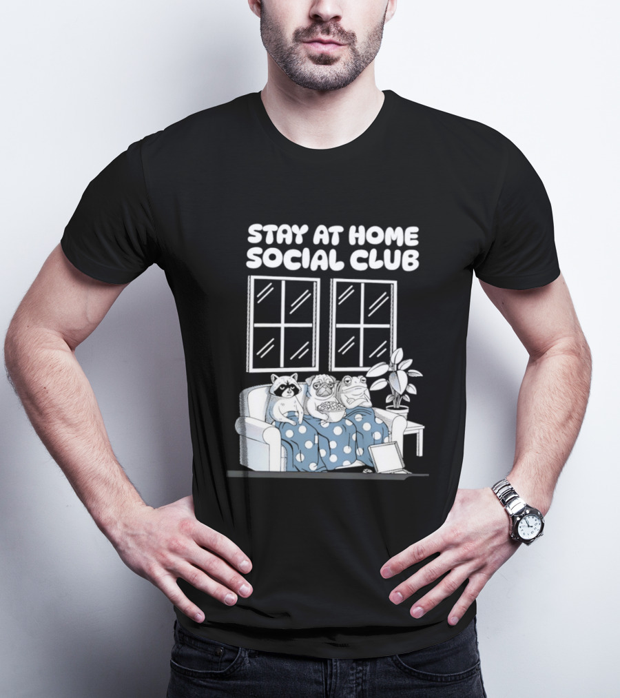 Stay At Home Social Club Raccoon Pug Frog Sofa Window Plant Scene T-Shirt