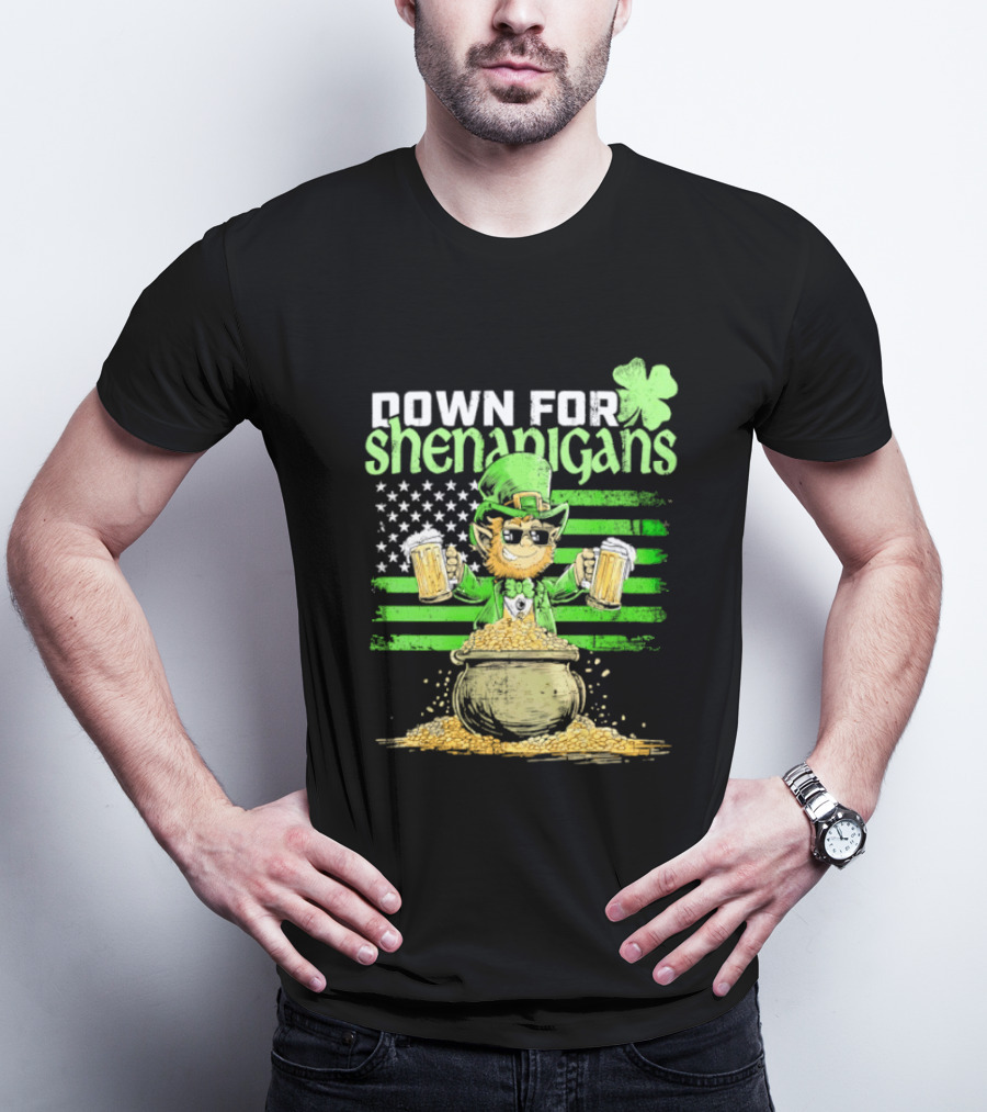 Down For Shenanigans Leprechaun With Beers And Clover American Flag T-Shirt