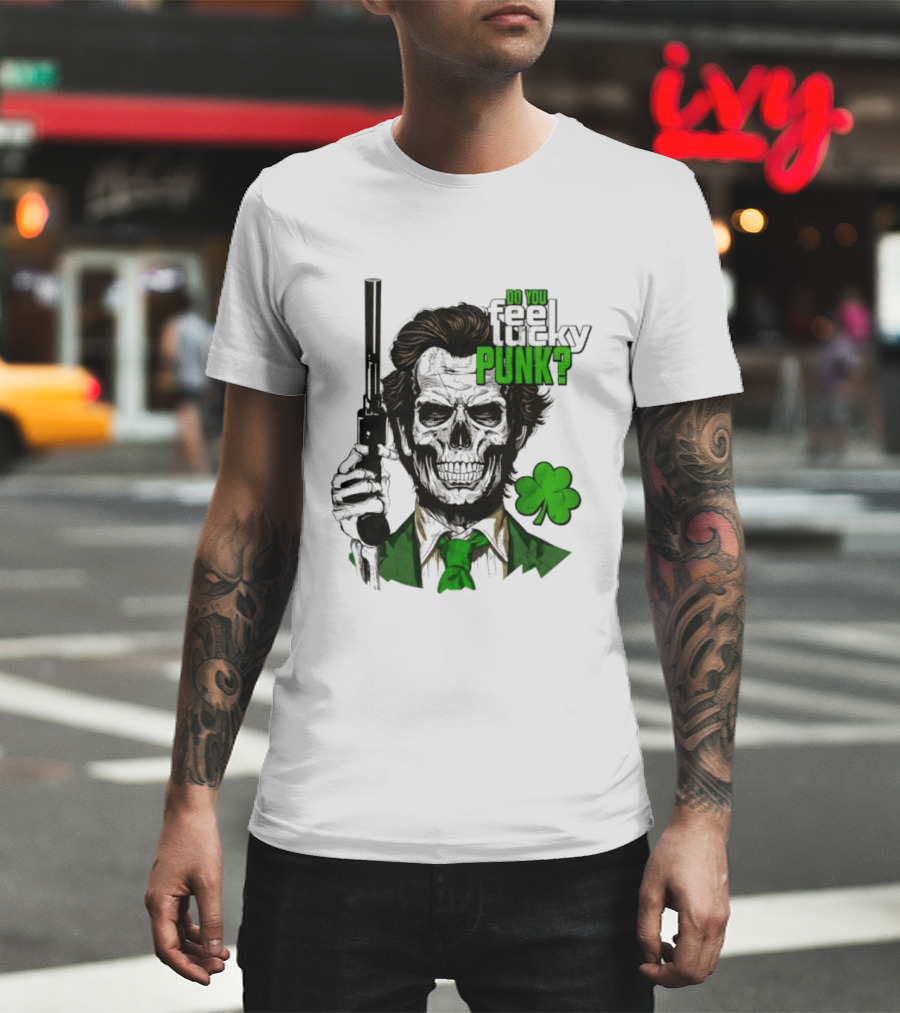 Do You Feel Lucky Punk Skull Gun Shamrock T-Shirt