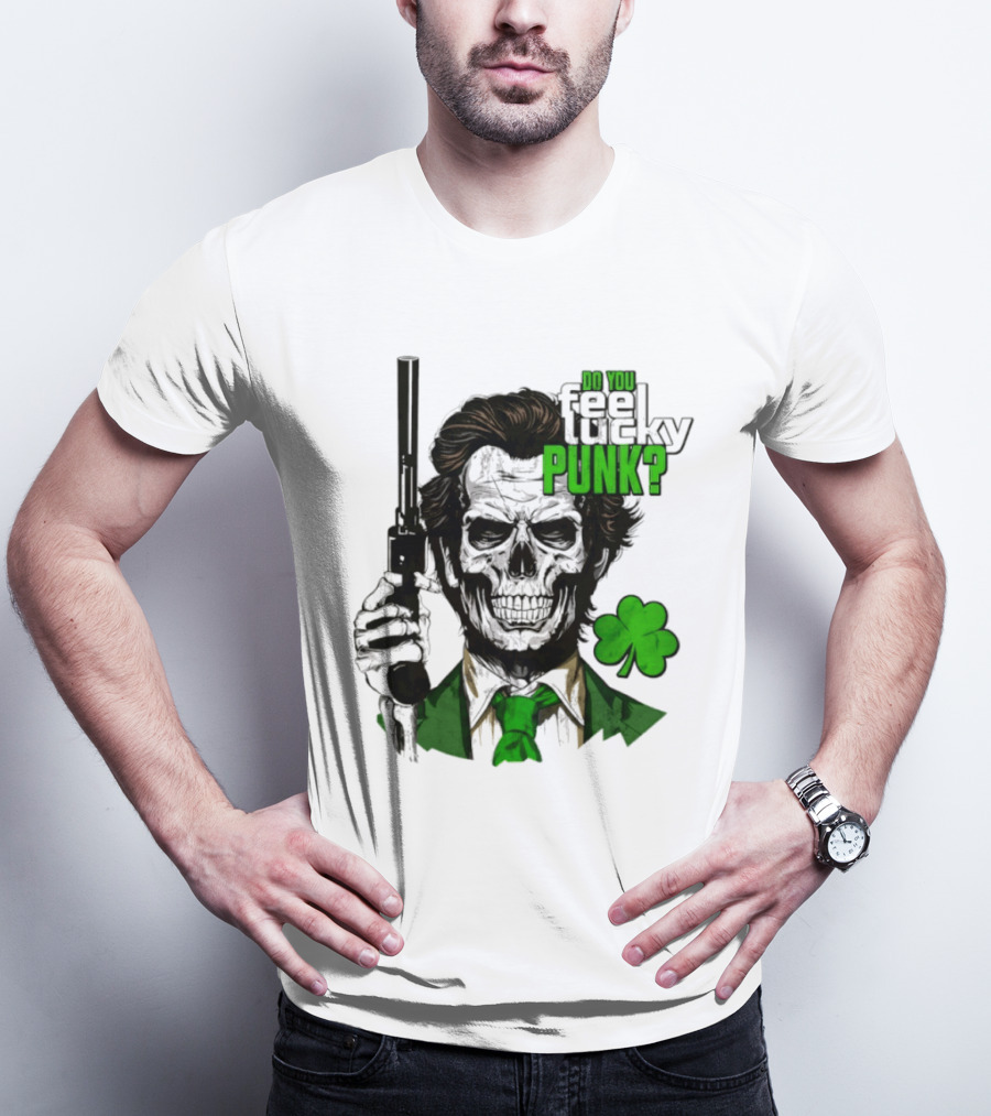 Do You Feel Lucky Punk Skull Gun Shamrock T-Shirt