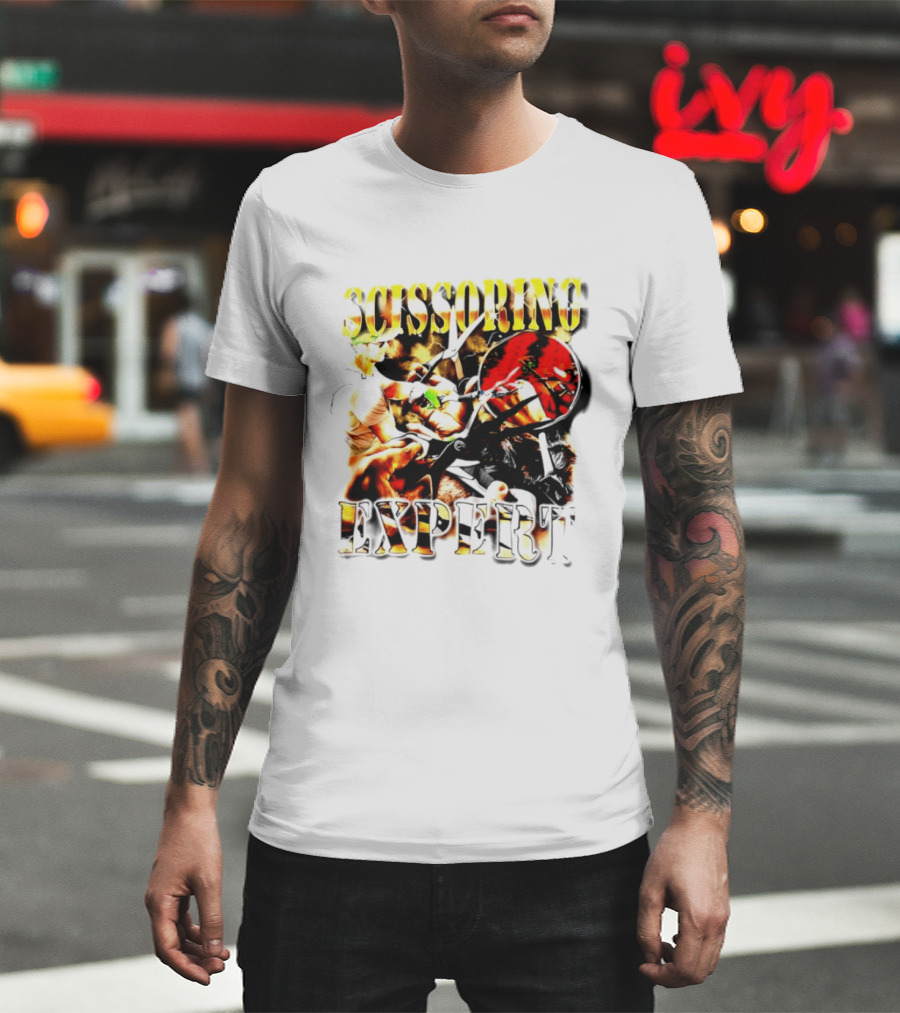 Scissoring Expert Vibrant Scissors Holding T-Shirt