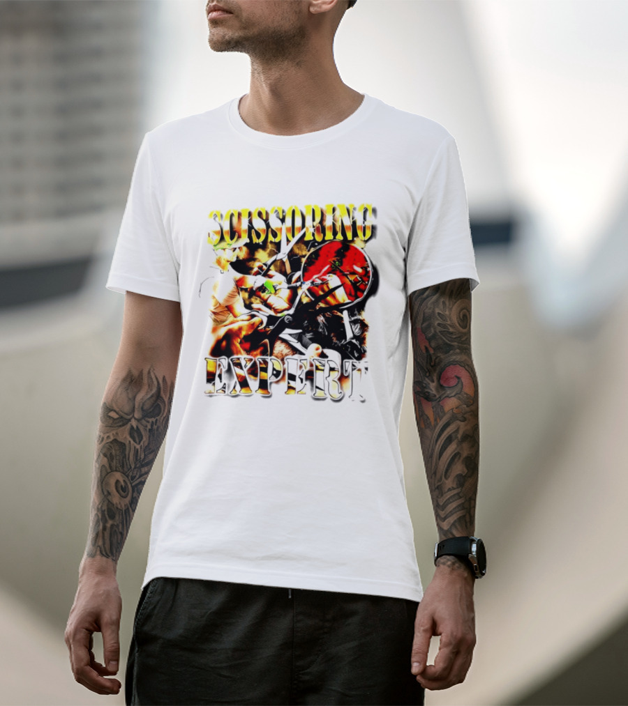 Scissoring Expert Vibrant Scissors Holding T-Shirt