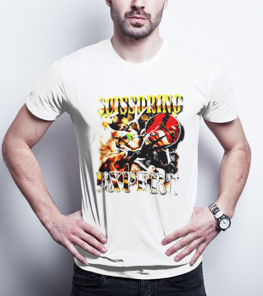 Scissoring Expert Vibrant Scissors Holding T-Shirt