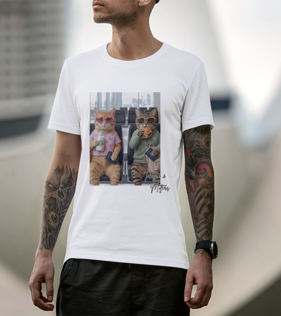 Tabitha & Mittens Airport Adventure Cats With Heart Glasses Milkshake Burger Passport T-Shirt