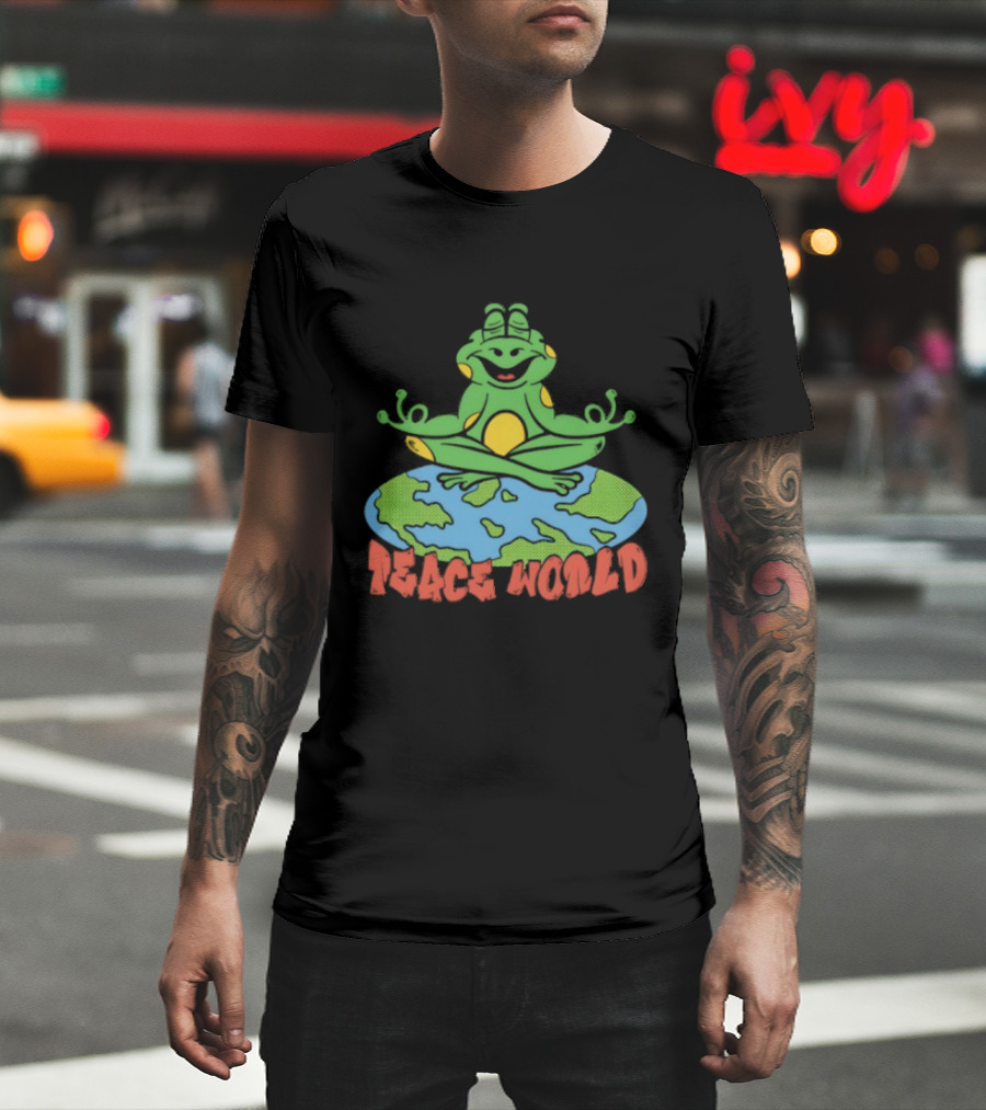 Meditating Frog Sitting On Planet Earth Peace World T-Shirt