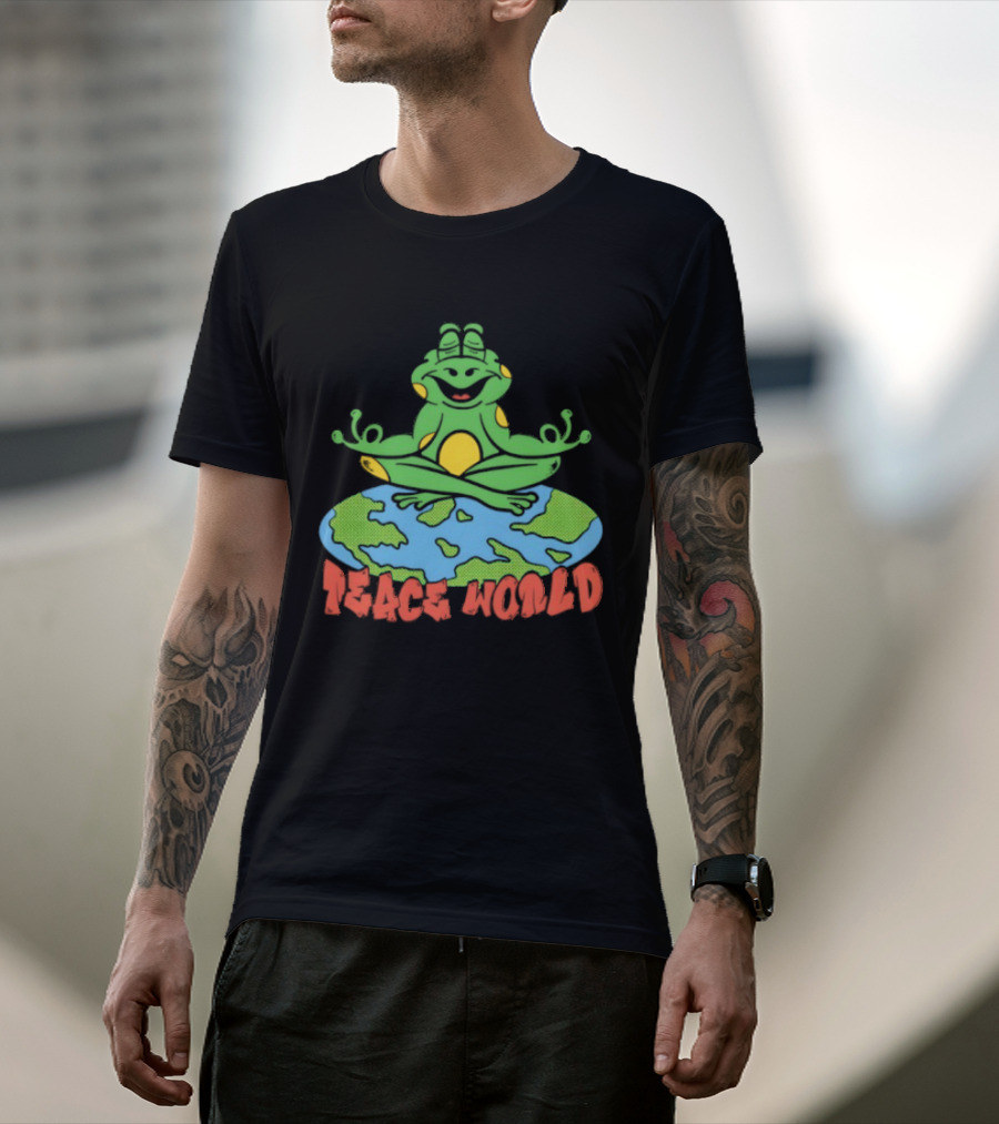 Meditating Frog Sitting On Planet Earth Peace World T-Shirt