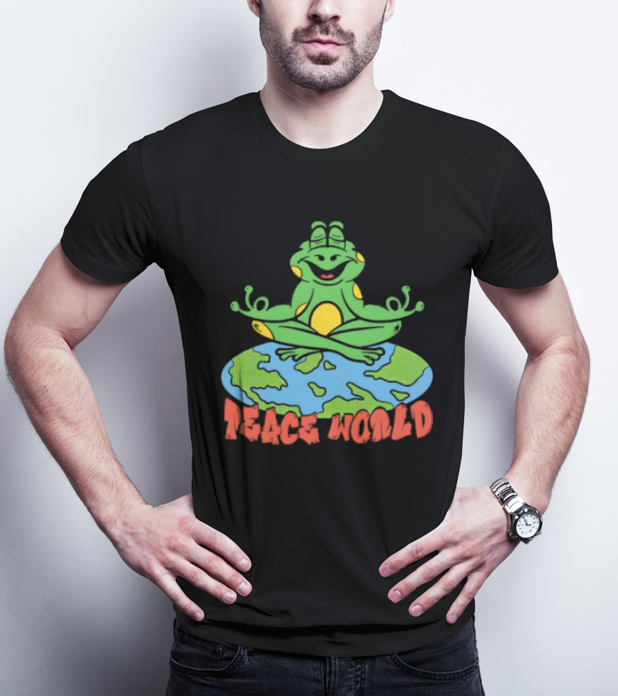 Meditating Frog Sitting On Planet Earth Peace World T-Shirt
