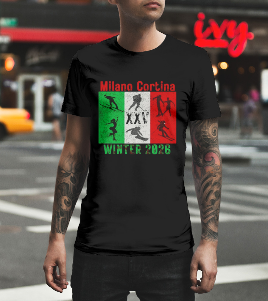 Milano Cortina Winter 2026 Italy Flag XXV Skiing Skating Snowboarding T-Shirt