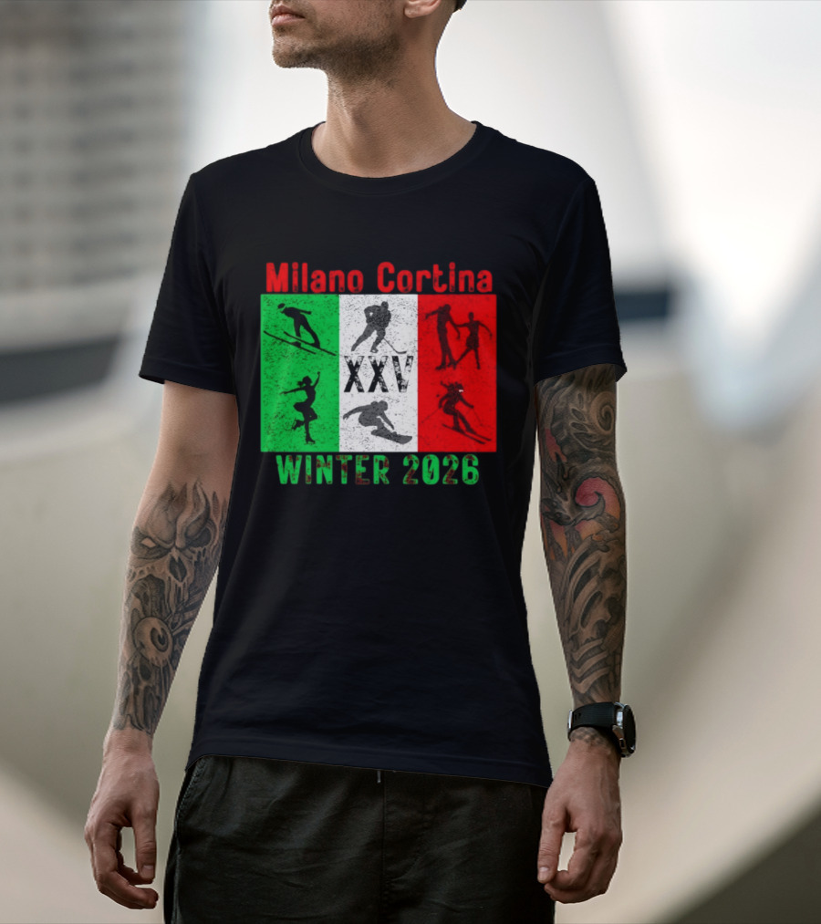Milano Cortina Winter 2026 Italy Flag XXV Skiing Skating Snowboarding T-Shirt