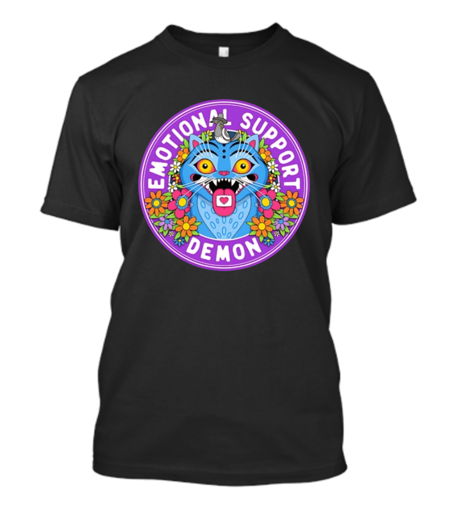 Emotional Support Derpy Demon Cat Surrounded By Flowers And Bird T-Shirt