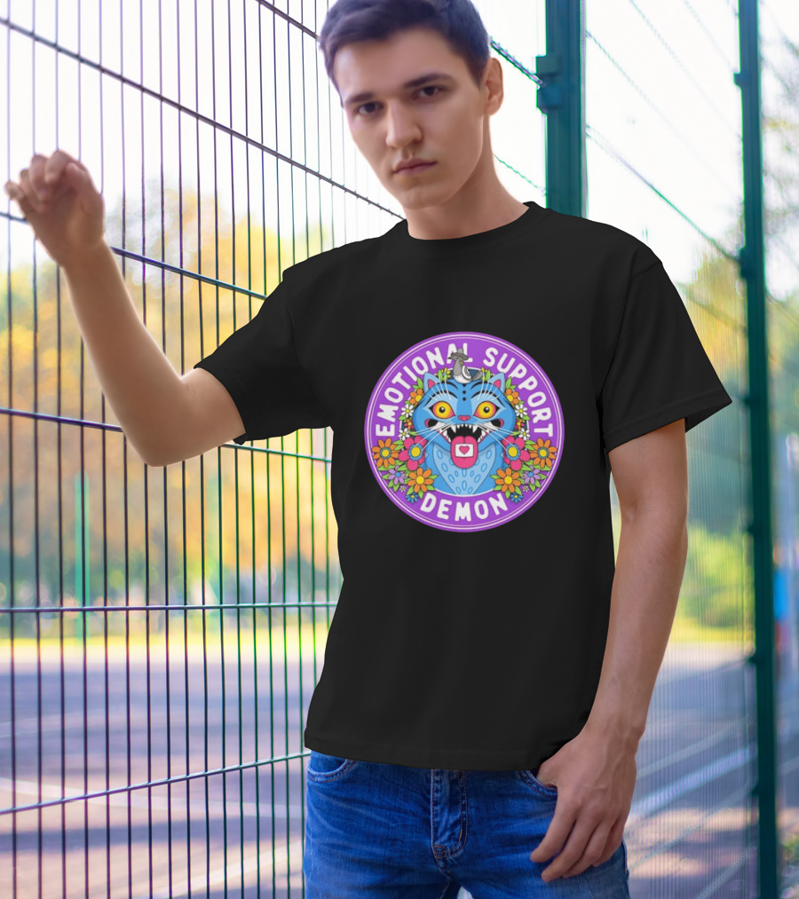 Emotional Support Derpy Demon Cat Surrounded By Flowers And Bird T-Shirt