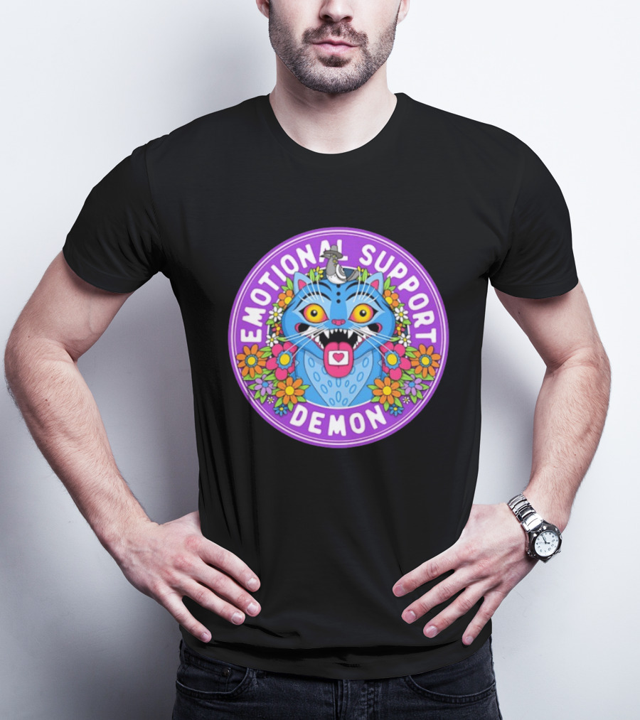 Emotional Support Derpy Demon Cat Surrounded By Flowers And Bird T-Shirt