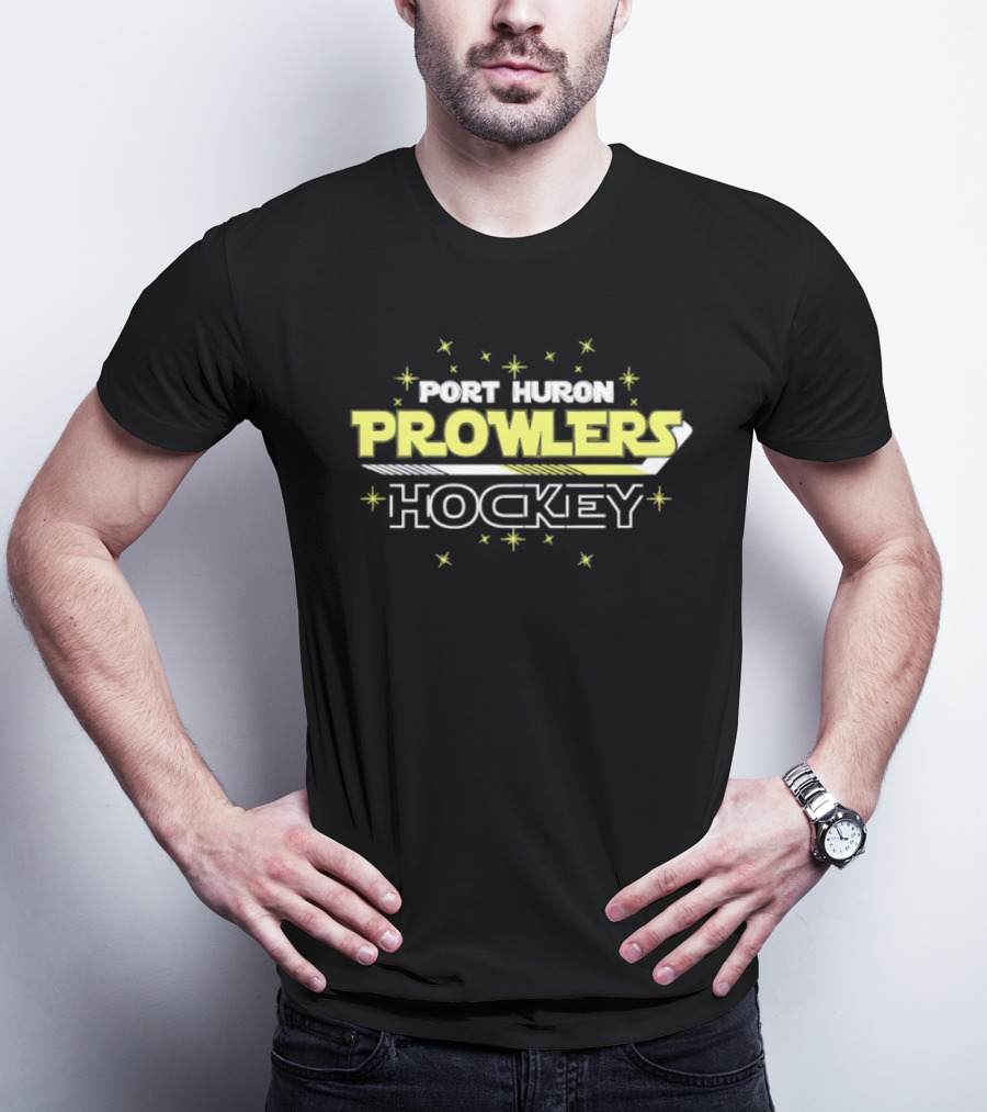 Port Huron Prowlers Hockey Team Yellow Text With Stars And Stick T-Shirt