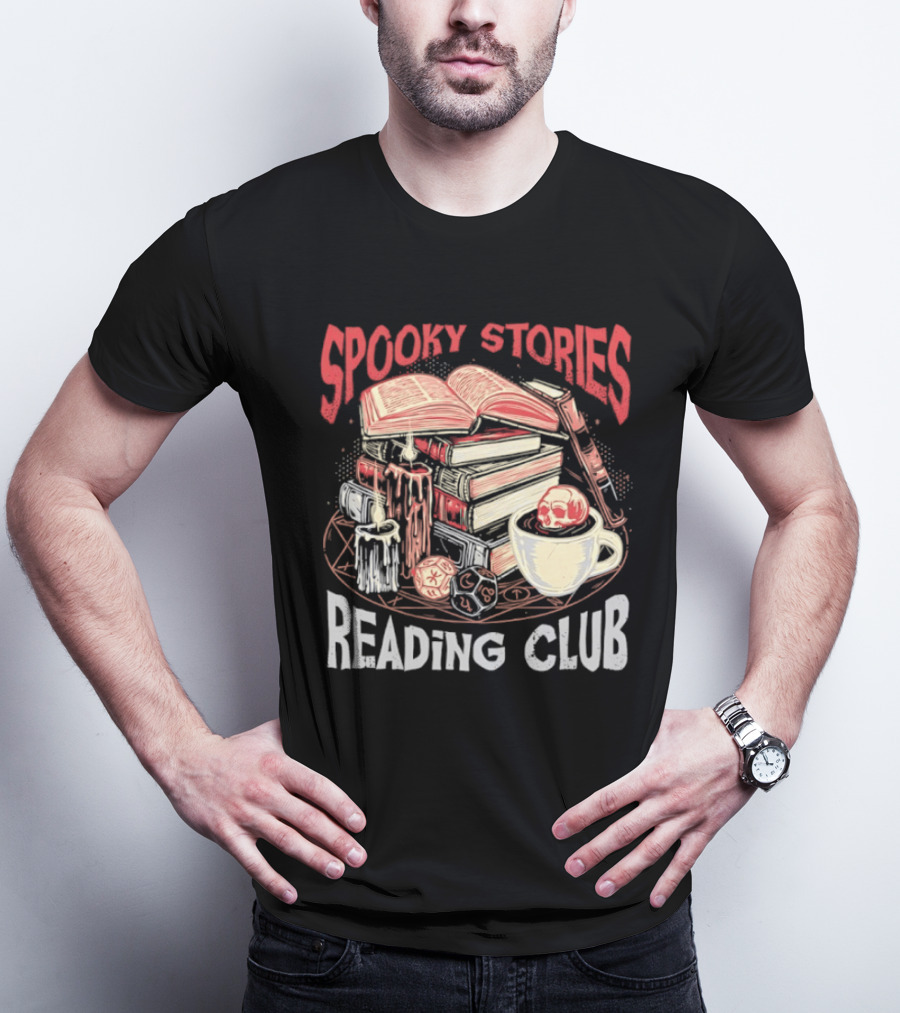 Spooky Stories Reading Club Books Candles Skulls And Cup T-Shirt