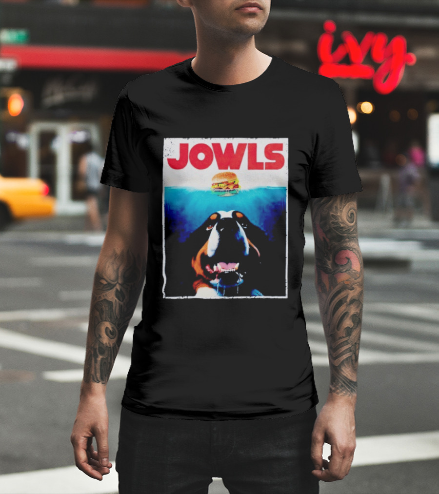 JOWLS Bernese Mountain Dog Burger Parody Jaws Movie T-Shirt