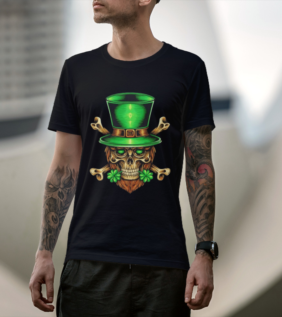 Leprechaun Irish Skull Clover Crossbones Green Top Hat St Patrick's Day T-Shirt