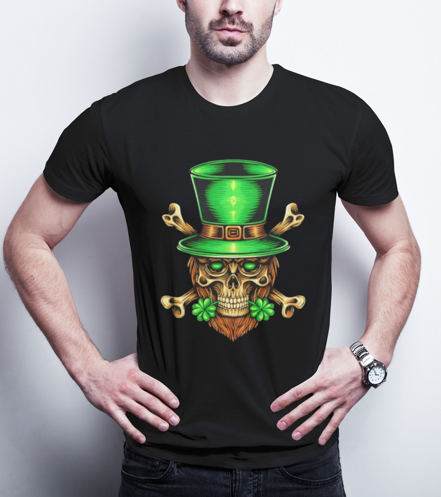 Leprechaun Irish Skull Clover Crossbones Green Top Hat St Patrick's Day T-Shirt