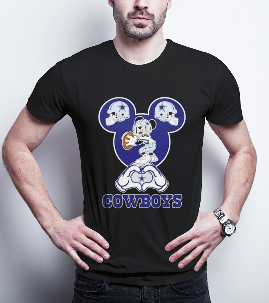 Dallas Cowboys Mickey Mouse Heart Hands Football Helmets T-Shirt