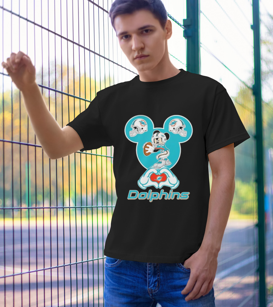 Miami Dolphins Mickey Mouse Heart Hands Football Helmets T-Shirt
