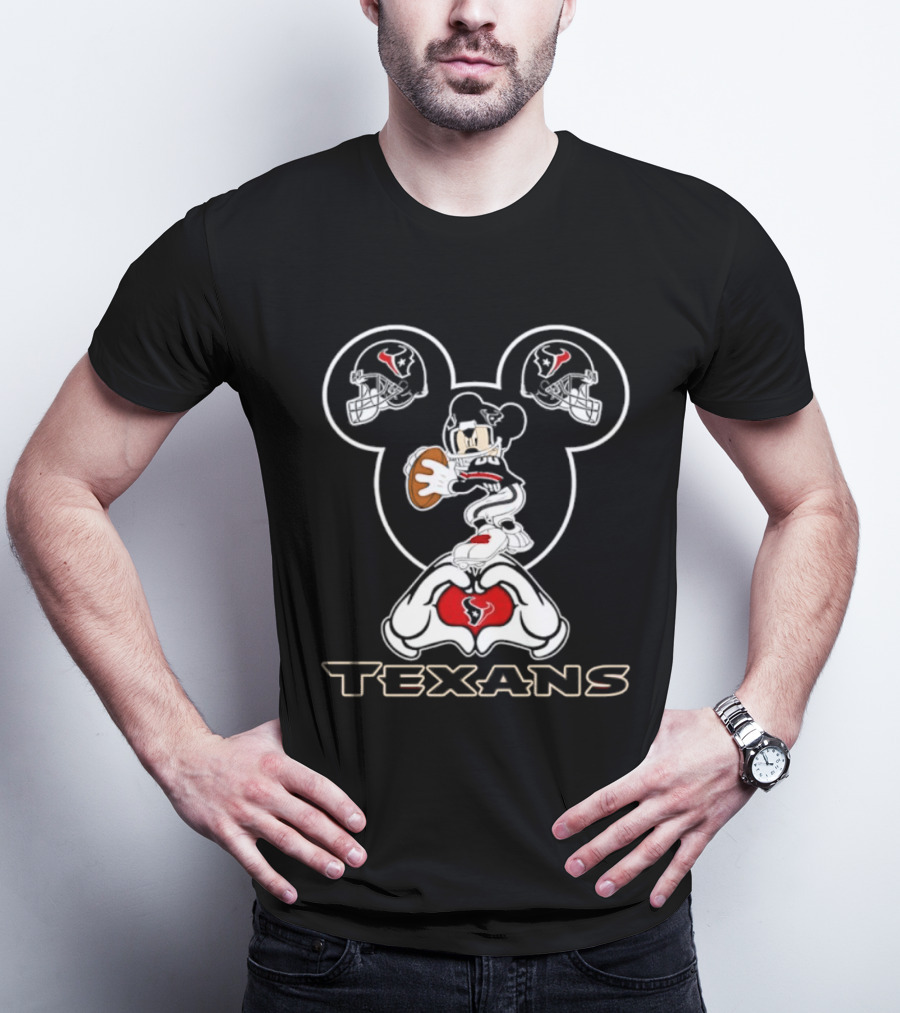 Houston Texans Mickey Mouse Heart Hands Football T-Shirt