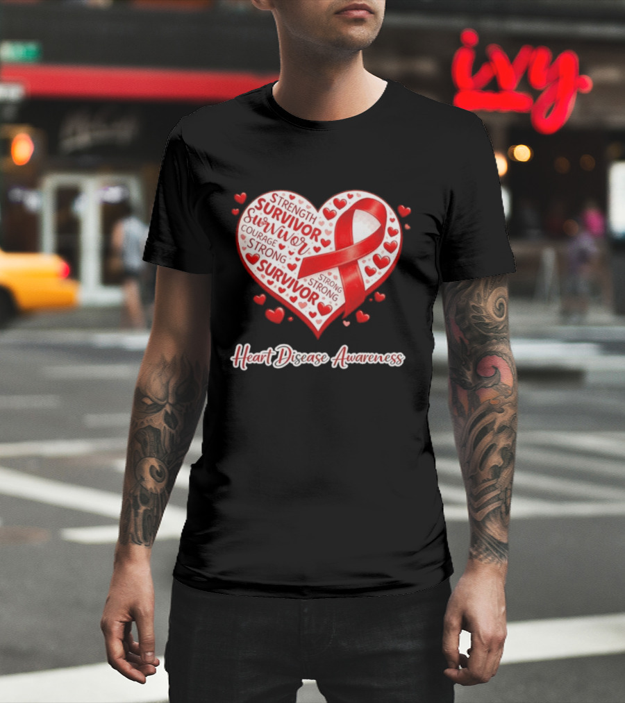 Survivor Strength Courage Strong Heart Disease Awareness Red Ribbon T-Shirt
