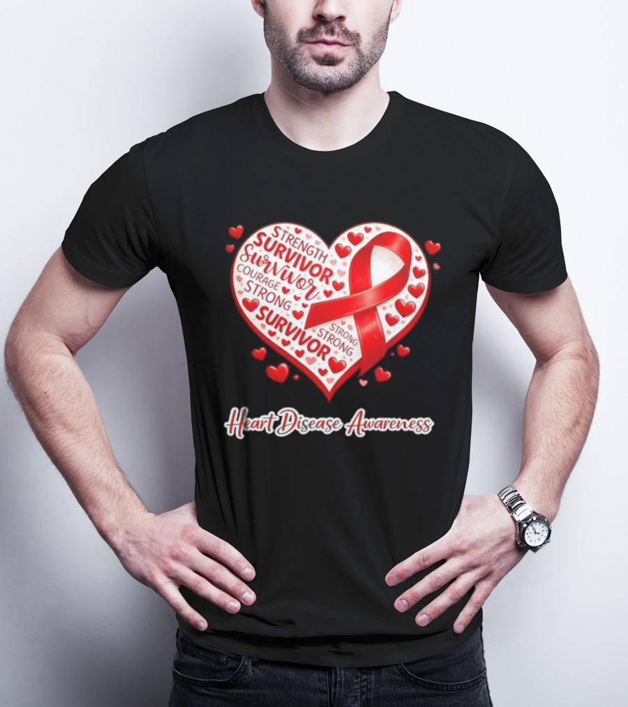 Survivor Strength Courage Strong Heart Disease Awareness Red Ribbon T-Shirt