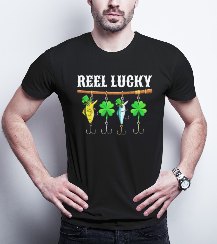Reel Lucky St Patrick's Day Fishing Shamrock Hooks T-Shirt