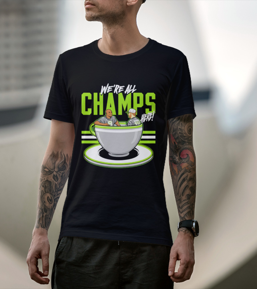 We're All Champs Here Kenneth Walker III Sam Darnold Seattle Tea Cup T-Shirt