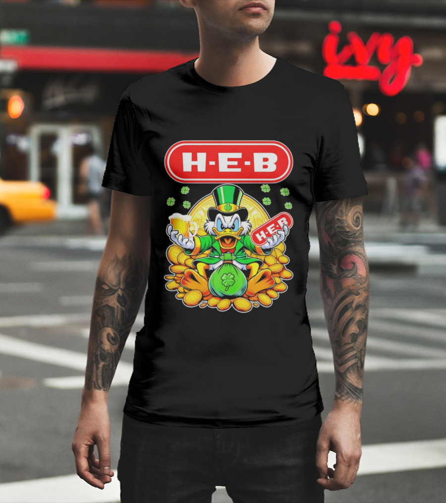 H E B St Patricks Day Scrooge McDuck Coins And Clover Hat T-Shirt