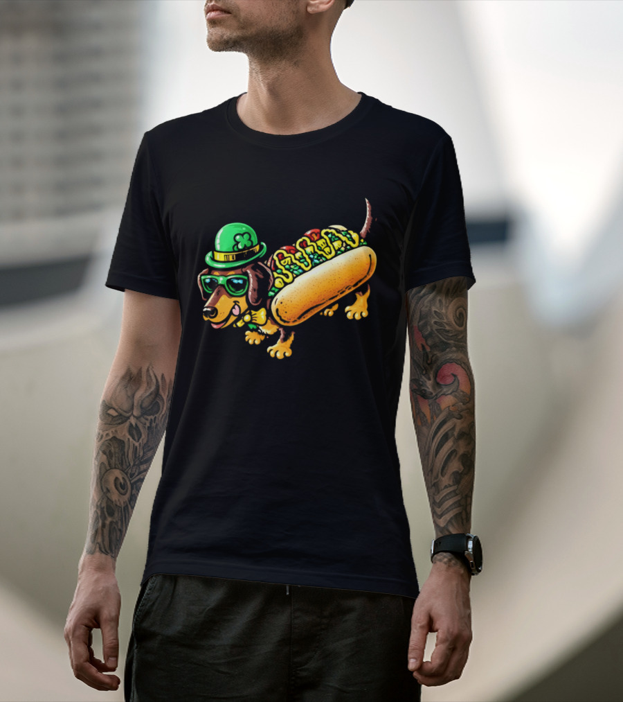 St Patricks Day Chicago Hot Dog Wearing Irish Hat And Glasses T-Shirt