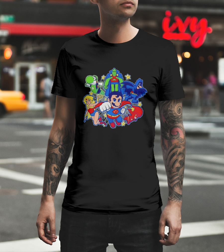 Justice League Mario Bros Crossover With Yoshi Batman Flash Wonder Woman Martian Manhunter T-Shirt