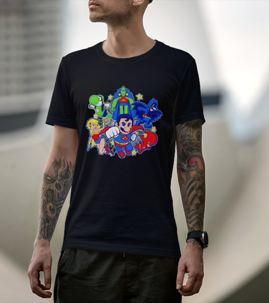 Justice League Mario Bros Crossover With Yoshi Batman Flash Wonder Woman Martian Manhunter T-Shirt