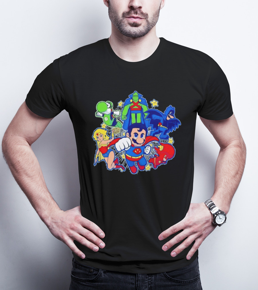 Justice League Mario Bros Crossover With Yoshi Batman Flash Wonder Woman Martian Manhunter T-Shirt