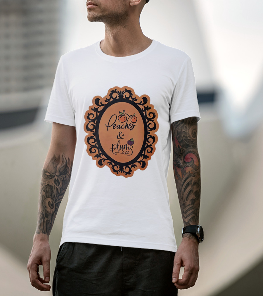 Peaches And Plums Ornate Black Floral Oval Frame T-Shirt