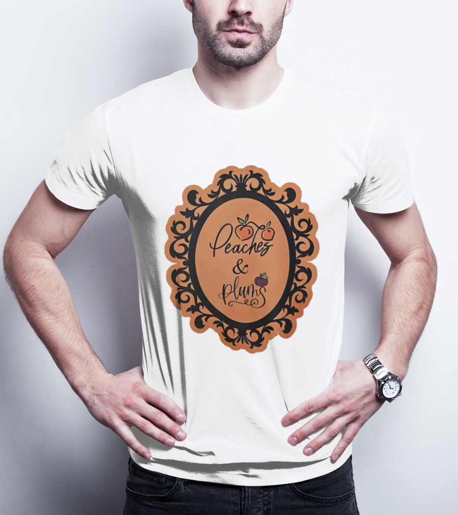 Peaches And Plums Ornate Black Floral Oval Frame T-Shirt
