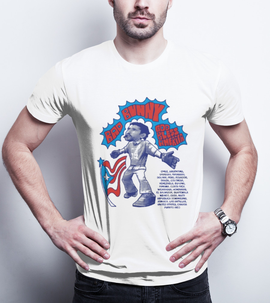 Bad Bunny God Bless America Featuring Puerto Rico Flag Map Of Americas T-Shirt