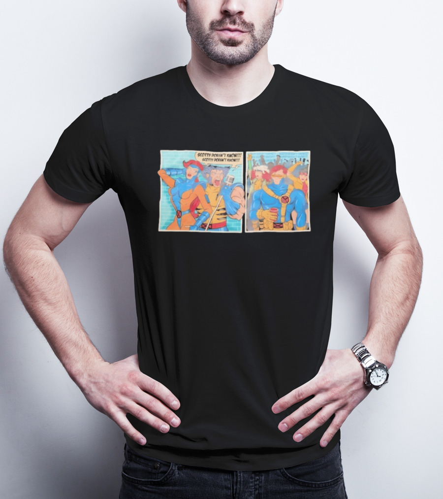 Wolverine Jean Grey Scotty Doesn't Know Speech Bubble Music Band Party Scene T-Shirt